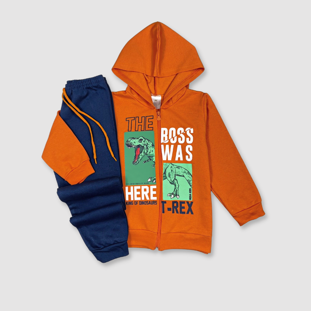 Conjunto Moletom Peluciado Infantil Masculino Boss Was Here T-Rex - Laranja