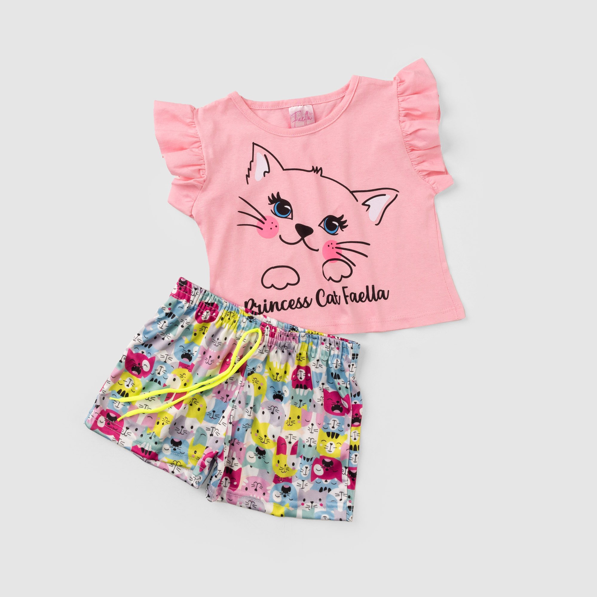 Conjunto Cropped Infantil Verão Feminino Princess Cat Faella - Rosa
